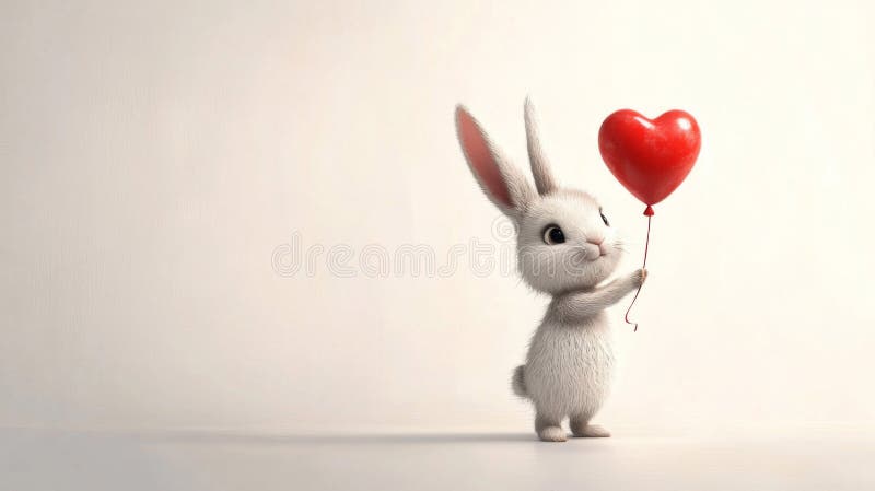 Adorable White Bunny Holding a Red Heart Balloon Stock Illustration ...