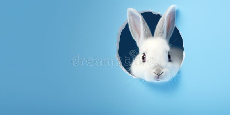 Adorable White Bunny Looking through the Hole in the Blue Backround ...