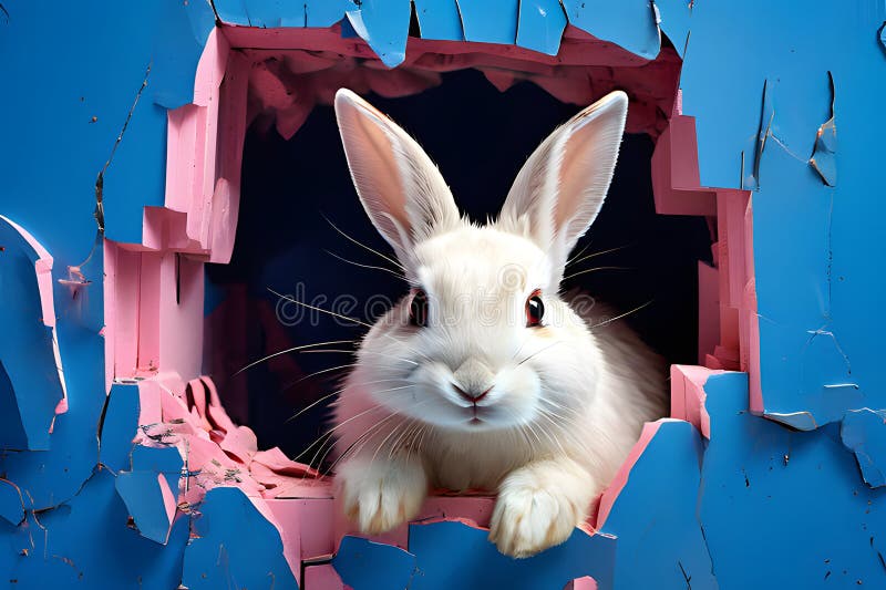 Adorable White Bunny Peeking a Pink Hole with Blue Background Stock ...
