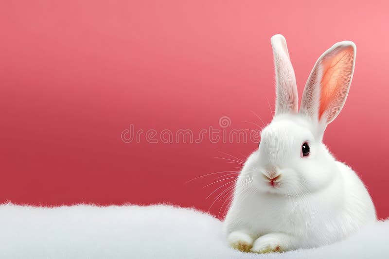 Adorable White Bunny on Pink Background a Fluffy White Rabbit Sits on a ...