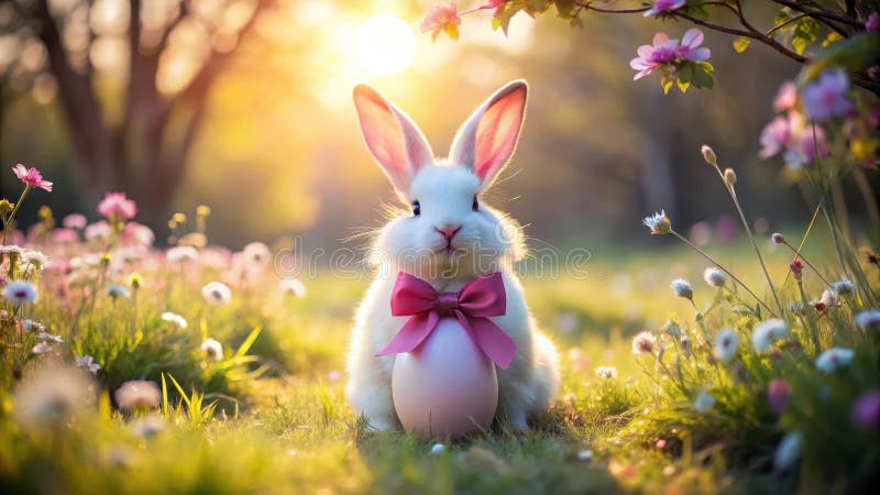 Adorable White Bunny with Pink Bow and Pastel Egg in Spring Meadow ...