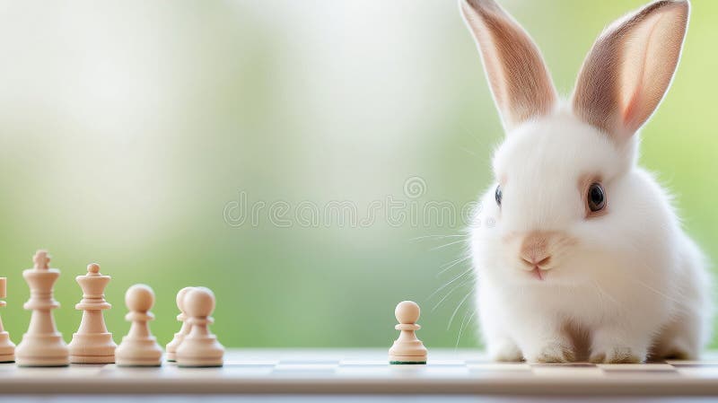 Adorable White Bunny Playing Chess Against a Small Robot on a ...
