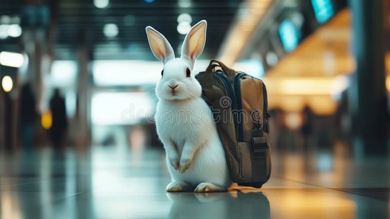 Adorable White Bunny Posing with a Backpack in Terminal Stock Photo ...