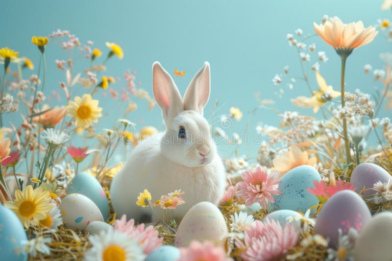 Bunny Amidst Easter Eggs and Spring Flowers Stock Illustration ...