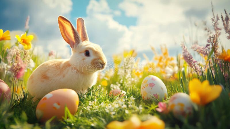 Adorable White Bunny in a Spring Field with Colorful Easter Eggs Stock ...
