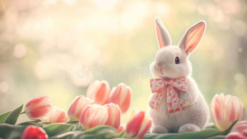 Adorable White Bunny Surrounded by Spring Tulips Stock Illustration ...