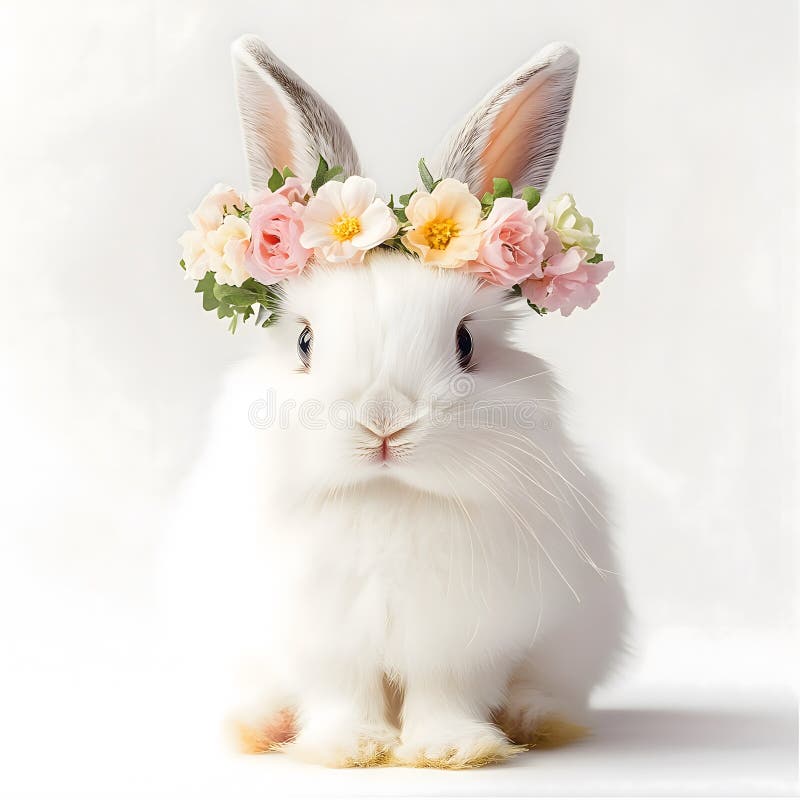 Adorable White Bunny Wearing a Flower Crown. Stock Illustration ...