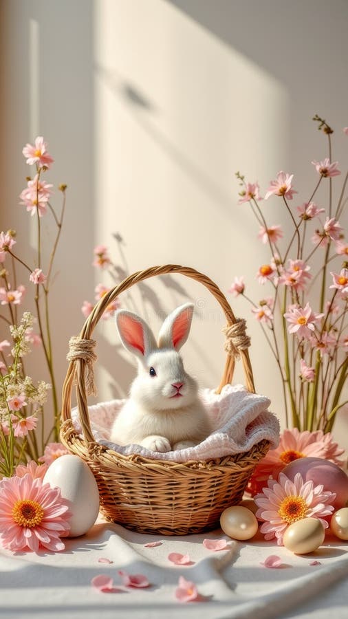 Adorable White Bunny Wicker Basket Surrounded Pink Spring Flowers Eggs ...
