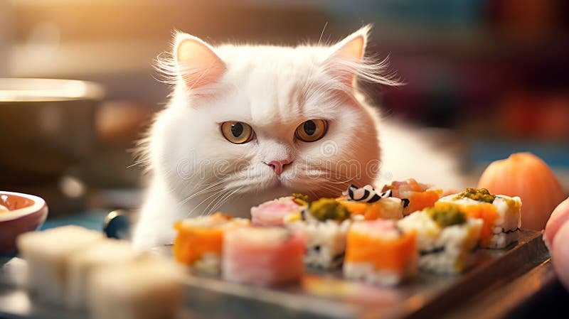 Adorable White Cat Eating Salmon Sushi Generative AI Stock Illustration ...