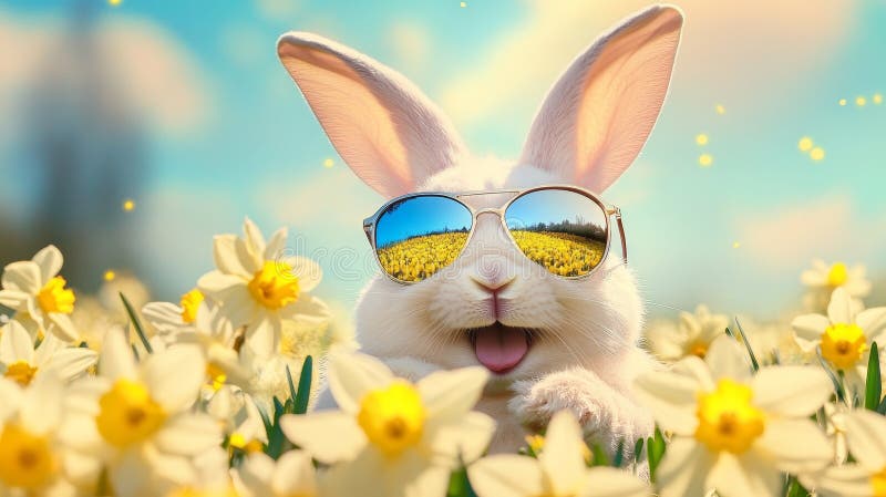 Adorable White Easter Bunny with Sunglasses Smiling, Surrounded by ...