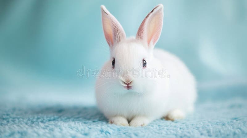 Adorable White Fluffy Bunny Rabbit on Light Blue Background Stock ...