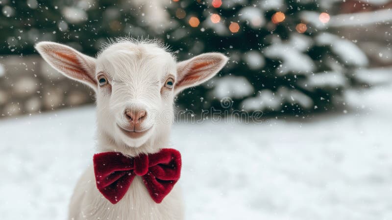 Adorable White Goat Wearing a Red Bow in the Snow Stock Illustration ...