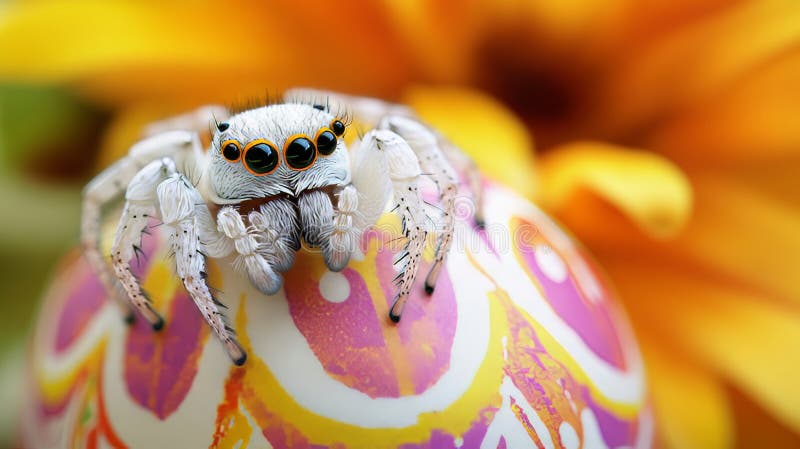 Adorable White Jumping Spider on a Vibrant, Intricately Patterned ...