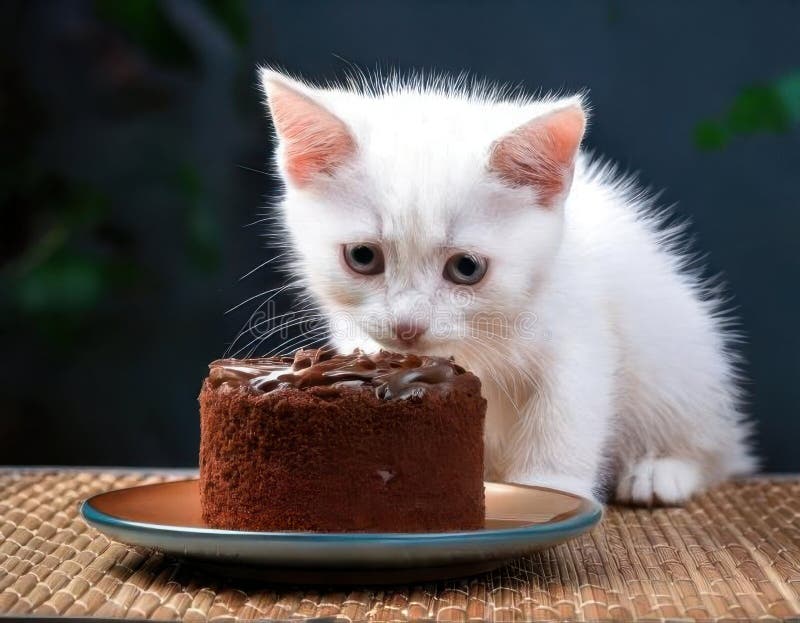 Adorable White Kitten Gazing at a Birthday Chocolate Cake Stock Illustration - Illustration of ...