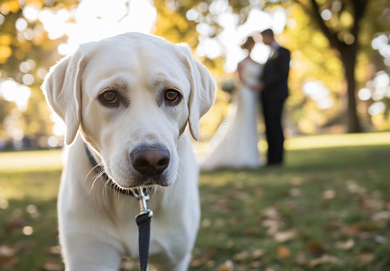 Adorable White Labrador at Wedding in Autumn Park High Quality Image ...