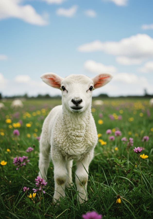 Adorable White Lamb in a Spring Meadow Stock Illustration - Illustration of adorable, outdoors ...