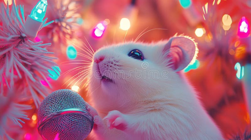 Adorable White Mouse with Festive Lights and a Mini Microphone Stock ...
