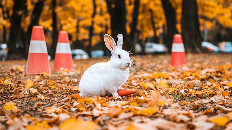 Adorable White Rabbit in Autumn Park Setting with Fallen Leaves and ...
