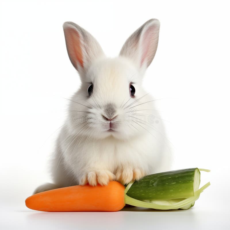 Adorable White Rabbit with Carrot and Cucumber on White Background ...