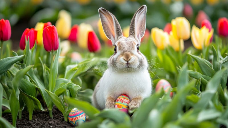 Adorable White Rabbit among Colorful Tulips and Easter Eggs Stock ...