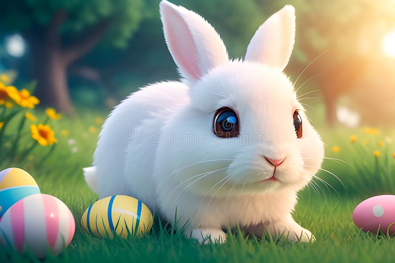 Adorable White Rabbit with Easter Eggs in a Landscape with Flowers and ...