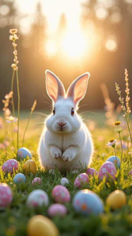Adorable White Rabbit with Easter Eggs in a Lush Spring Meadow at ...