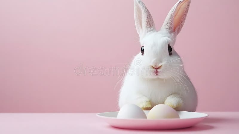 Adorable White Rabbit with Easter Eggs on Pink Background Stock ...