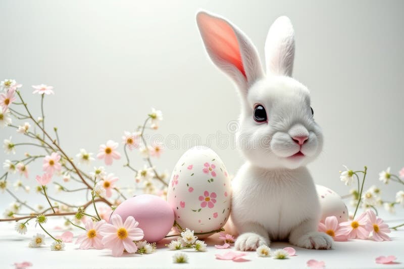 Adorable White Rabbit with Easter Eggs and Spring Flowers Stock Image ...