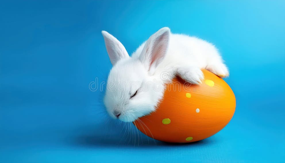 Cute White Baby Rabbit Napping Peacefully on a Vibrant Easter Egg ...
