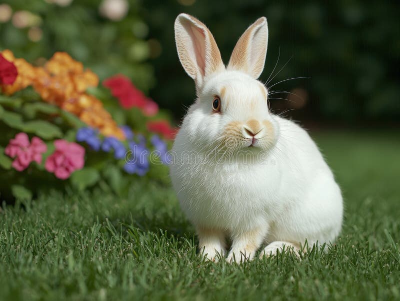 Adorable White Rabbit in a Garden Stock Illustration - Illustration of ...