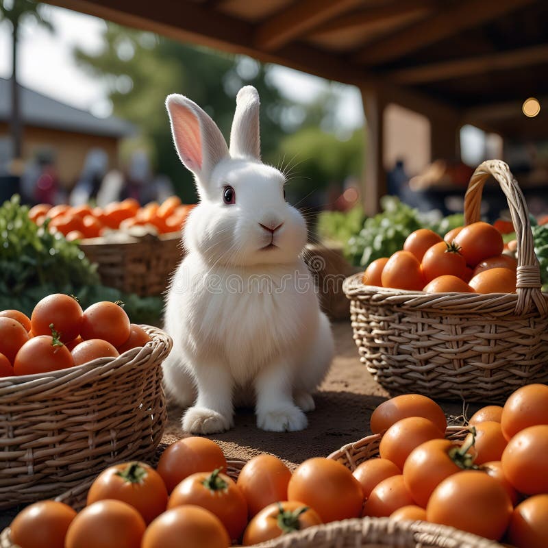 Adorable White Rabbit at the Market with Fresh Tomatoes Stock ...