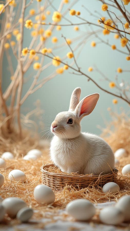 Adorable White Rabbit Nest Surrounded Spring Decorations Eggs Stock ...