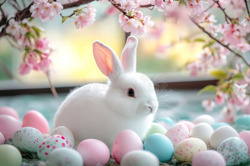 Adorable White Rabbit Nestled among Pastel Eggs and Cherry Blossoms for ...