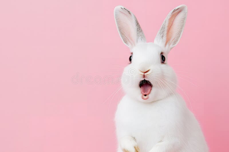 Adorable White Rabbit with Open Mouth on Pink Background Easter Bunny ...
