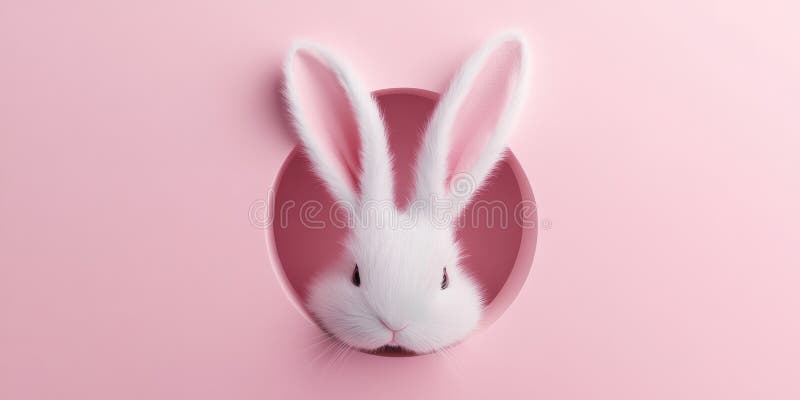 Adorable White Rabbit Peeking from Circular Hole in Pink Background ...
