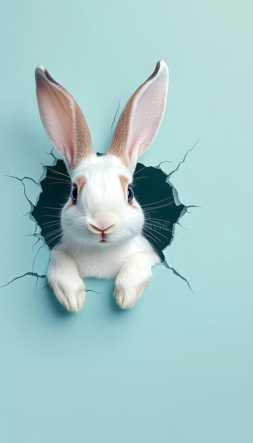 Adorable White Rabbit Peeking through Torn Pastel Blue Background ...