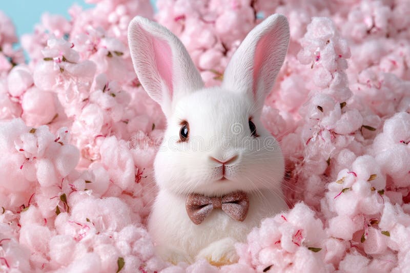 Adorable White Rabbit with Pink Bow in Pink Flower Field Stock ...