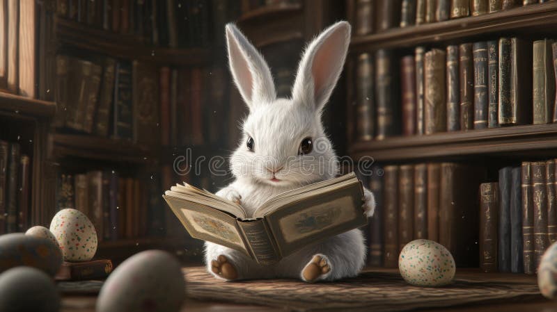 Adorable White Rabbit Reading a Book in a Cozy Library Stock ...
