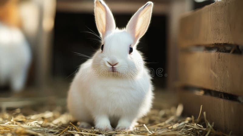 Adorable White Rabbit Sitting in Hay Stock Illustration - Illustration ...