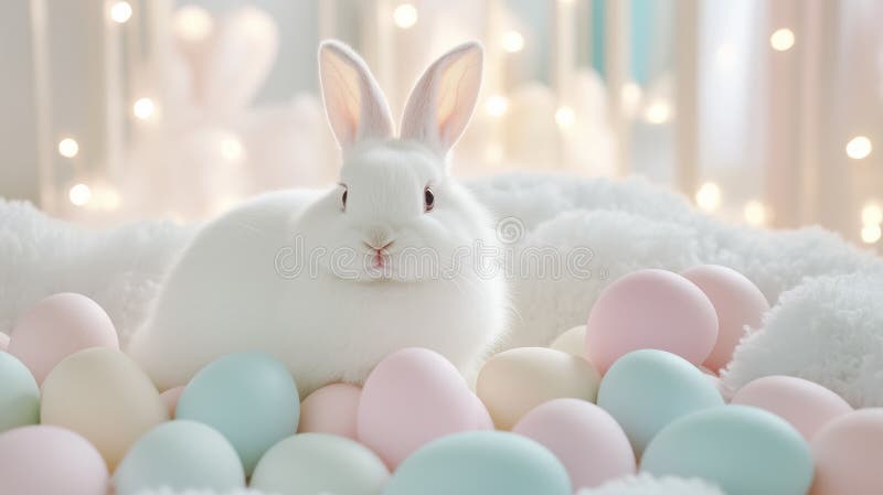 Adorable White Rabbit Surrounded by Easter Pastel Eggs with Soft Lights ...