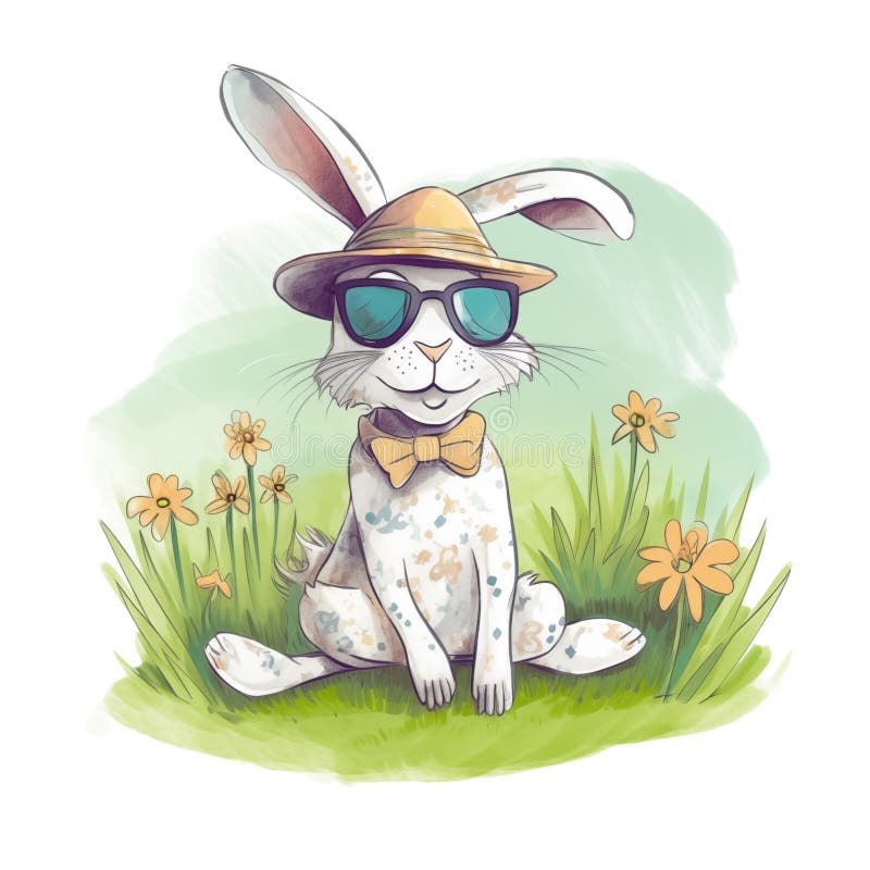 Adorable White Rabbit Wearing Glasses, Sitting on Green Grass. Stock ...