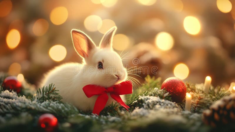 Adorable White Rabbit Wearing Red Bow Christmas Decor Stock ...