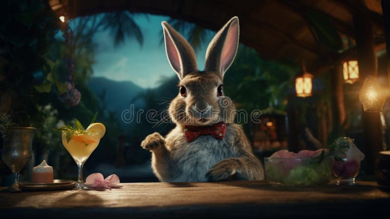Adorable White Rabbit Wearing a Red Bow Tie Sits on a Wooden Table, AI ...