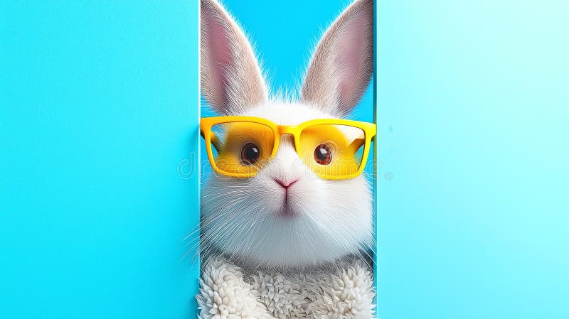 Adorable White Rabbit with Yellow Glasses on Vibrant Blue Background ...