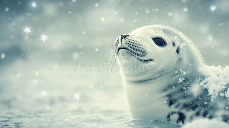 Adorable White Seal Pup in Falling Snow Stock Illustration ...