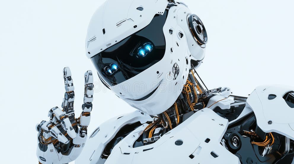 Adorable White Smiling Robot Adolescent with a Tiny Unit Robot Toy ...