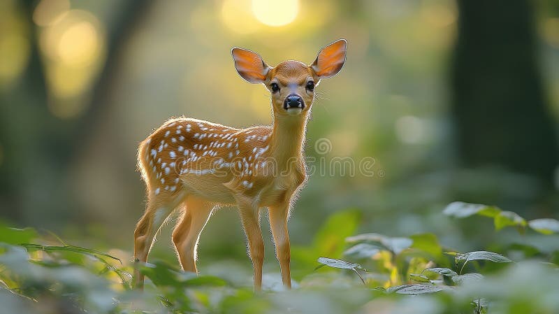 Adorable White-tailed Fawn Standing in a Sunlit Forest Clearing Stock ...