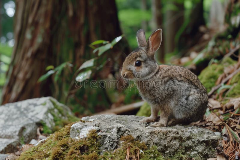 Adorable Wild Rabbit Sitting on Mossy Rock in Forest Setting Stock ...