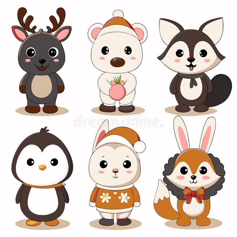 Adorable Winter Animals Cartoon Characters. (2 Stock Illustration ...