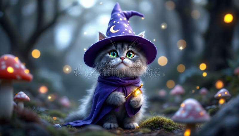 Adorable Wizard Kitten in Enchanted Forest Stock Illustration ...
